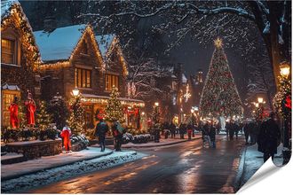 Islandburner XXL Bild Poster Weihnachtliche Straße mit beleuchtetem Baum und Schnee Premium Bilder Fotodruck