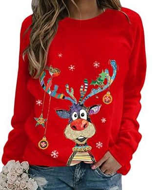 Onsoyours No&euml;L Cadeaux Shirt Sweat Femme Automne Printemps Hiver Christmas Dessus de Manche Longue &Eacute;Paule Hauts Chemisier Top Blouse T-Shirt Sweatshirt A Rouge 
