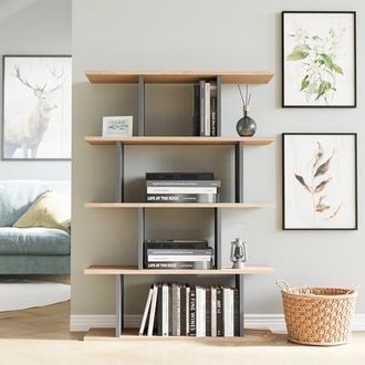 Hanah Home Stylish Wall-Mounted Bookshelf, Oak & Anthracite, 90 x 25 x 127.4 cm | 100% Melamine Coated Particle Board, 18 mm Thick | Space-Saving Design with Num