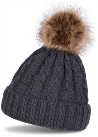styleBREAKER Zopfmuster Bommelmütze, Strickmütze mit Fellbommel, Winter Beanie Mütze, Unisex 04024064, Farbe:Dunkelgrau