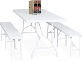 Relaxdays Ensemble table pliante et 2 bancs, pour jardin, pavillon ou camping, effet bois, 180 cm, blanc - Relaxdays