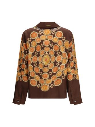 Versace Womens Buttoned Shirt Chain-Print Chocolate-Amber Fabric Chocolate/amber