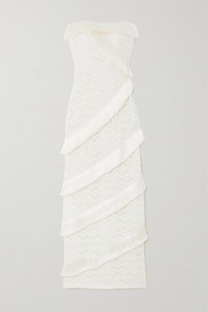 PatBo Tr&auml;gerloses Maxikleid Aus H&auml;kelmaterial Mit Fransen - Elfenbein