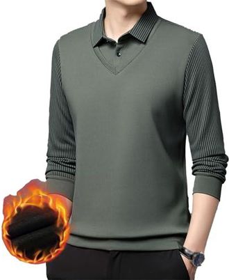 Generic Sweat &agrave; col chemin&eacute;e et manches longues pour homme, avec col rond, &agrave; rayures, &agrave; deux pi&egrave;ces, avec boutons, style d&eacute;contract&eacute;, vert clair, XXL