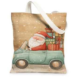 Generic Sacs fourre-tout en toile motif P&egrave;re No&euml;l, illustration de vacances, sacs d&eacute;picerie r&eacute;utilisables, vintage, l&eacute;gers, lavables &agrave; l&eacute;paule Stra, Vert, 13x