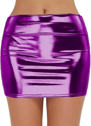 Generic Mini jupe en cuir synth&eacute;tique pour femme Taille haute Brillante Couleur unie Club Party Casual Jupe courte, violet, XL
