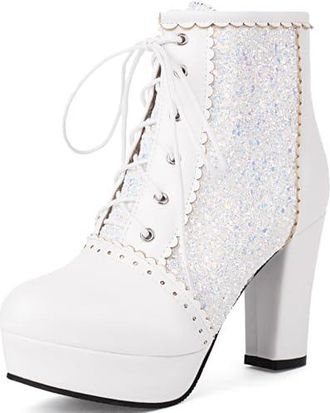 SJJH Bottines &agrave; fermeture &eacute;clair lat&eacute;rale | Bottes pour femme pour occasions sp&eacute;ciales, talon 9 cm, paillettes brillantes, polyvalentes, Blanc., 44 EU