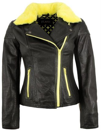 Jilani Lederjacke Alla Jilani - Damen Lederjacke Bikerjacke Lammnappa schwarz / gelb