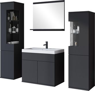 Mirjan24 Badm&ouml;bel Set Neskir mit Waschbecken und Siphon, Komplettprogramme f&uuml;r Badezimmer, Spiegel, Waschtisch, Hochschrank, H&auml;ngeschrank (Schwarzer Graphit, o