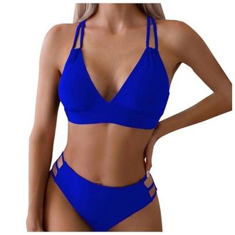 Generic Ensemble bikini push-up 2 pi&egrave;ces pour femme - Rembourr&eacute; - Taille haute - Col en V - Maillot de bain de piscine dos nu, bleu, XL