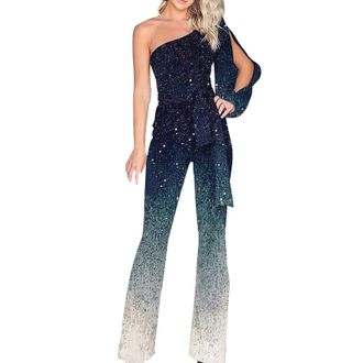 Generic Jumpsuit Pailletten Damen Festlicher Hosenanzug Gro&szlig;e Gr&ouml;&szlig;en Business Overall Elegant Glitzer-Hosenanzug Lang Romper Weites Bein Einteiler &Auml;rmellose S