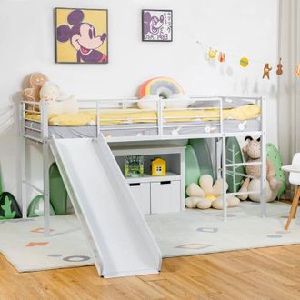 Costway Kinderbett mit Rausfallschutz, Spielbett mit Rutschbahn und Leiter, aus Metall, f&uuml;r Jungs & Maedchen, 198 x 96 x 109cm Weiss - Costway