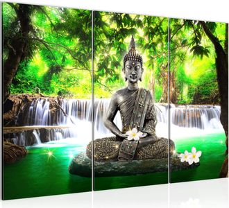 Runa Art Wandbilder Buddha Wasserfall Bild XXL Wohnzimmer Schlafzimmer Gr&uuml;n Feng Shui 120 x 80 cm 3 Teilig 503531a