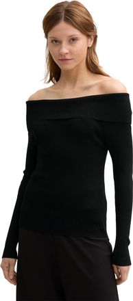 Tom Tailor Damen Tight RIPP Strickpullover mit Carmen-Ausschnitt, 14482 - Deep Black, M