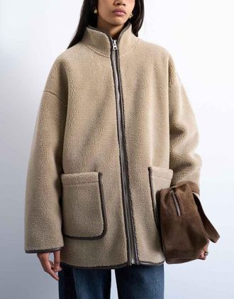 Topshop Manteau long à col montant en shearling duveteux-Brown