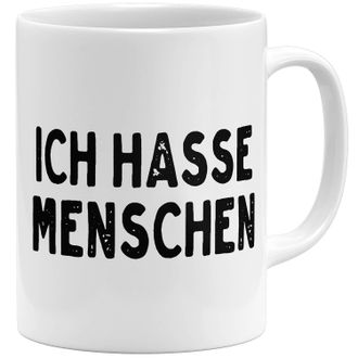 OM3 Ich Hasse Menschen Kaffee-Tasse mit lustigem Spruch - Keramik Becher - 11oz 325ml - Beidseitig Bedruckt - Weiss