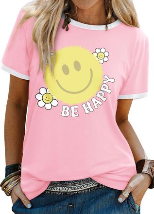 Dresswel Tshirt Damen Be Happy L&auml;chelndes Gesicht Druck T-Shirt Rundhals Kurzarm T Shirts Sommer Oberteile Tee Tops Bluse