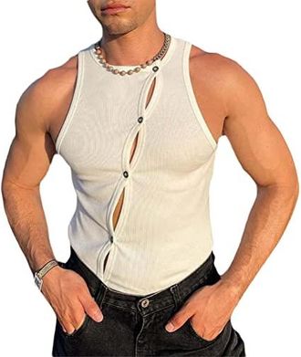 ORANDESIGNE Débardeur Hommes Sexy en Maille sans Manches Transparent Tee-Shirt Bodybuilding Élastique Chemise Plage dÉté Casual Club Top T-Shirt de Sport D Blanc 