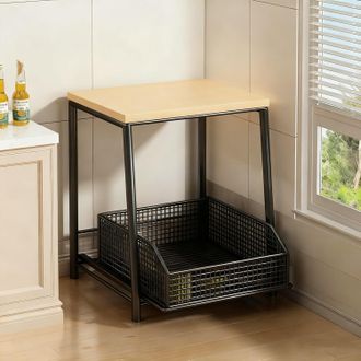 Generic Kompakter Mikrowellenwagen Mit Aufbewahrungskorb & Rollen - Mobiler K&uuml;chenwagen, 2-st&ouml;ckiger Servierwagen Mit Holzplatte Und Schublade - Stilvoller Au