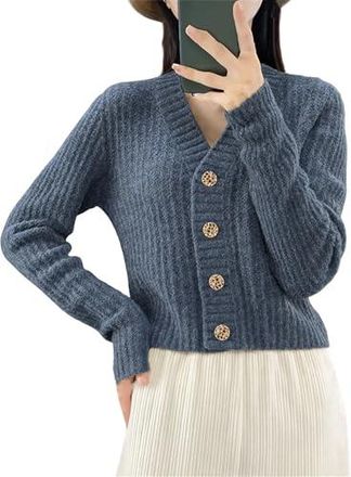 Generic Cardigan dhiver en cachemire pour femme, col en V, couleur unie, haut ample, manches longues, col en V, boutonn&eacute;, Bleu brumeux, XL