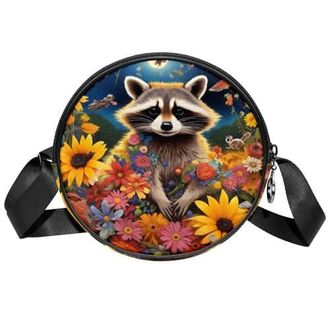 Generic Sac &agrave; bandouli&egrave;re rond pour femme, motif tournesol raton laveur, petit sac &agrave; bandouli&egrave;re avec fermeture &eacute;clair, bretelles r&eacute;glables, sac &agrave; main rond d