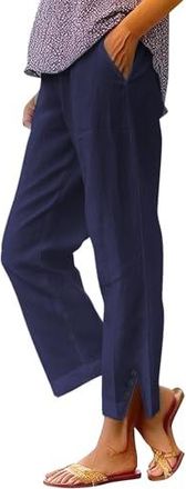 Generic Pantalon d&eacute;t&eacute; en coton et lin pour femme, pantalon court en coton et lin, taille &eacute;lastique, pantalon de d&eacute;tente l&eacute;ger &agrave; jambe droite avec poches, pant