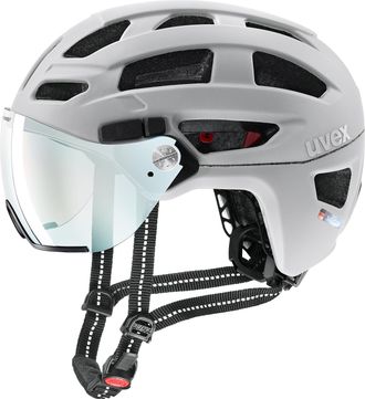 Uvex Finale Visor V - sicherer City-Helm für Damen und Herren - mit selbsttönendem Visier - inkl. LED-Licht - Papyrus matt - 56-61 cm