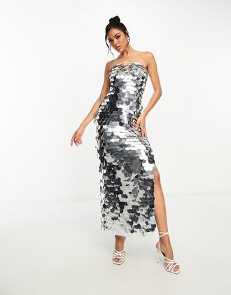 Ra-Re London - Hochwertiges Bandeau-Maxikleid in Silberoptik mit Pailletten