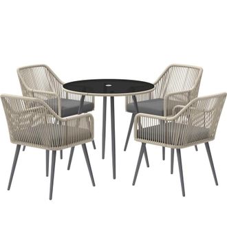 OUTSUNNY Salon de jardin 3 pi&egrave;ces 2 places avec coussins plateau table verre tremp&eacute; noir r&eacute;sine filaire gris