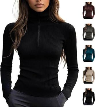 Generic Pull &agrave; col roul&eacute; c&ocirc;tel&eacute; pour femme - Couche de base thermique - Manches longues - Fermeture &eacute;clair, Noir, XXL
