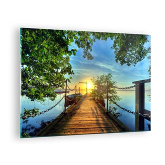 Arttor Bilder auf Glas See Sonnenuntergang Boot Landschaft Glasbild 70x50cm Wandbilder Dekoration Wohnzimmer Schlafzimmer K&uuml;che Deko Klein Wanddeko Bild im G
