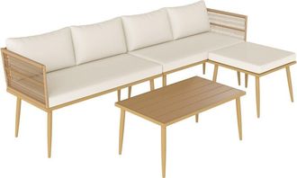 OUTSUNNY Ensemble salon de jardin 5 places modulables - Table basse 90x52cm - Coussins en polyester - R&eacute;sine tress&eacute;e beige - Protection anti-UV