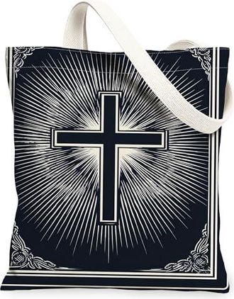 Generic Sacs fourre-tout &eacute;l&eacute;gants en toile noire, motif croix, r&eacute;utilisables, l&eacute;gers et lavables &agrave; bandouli&egrave;re pour voyage, Be, noir, 13x15 Inch