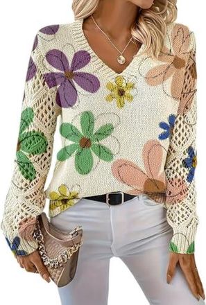 TOMWELL Pull Femme Imprim&eacute; Floral Chic Chaud Pullover Automne Hiver Pulls Col V Manche Longue Sweater B Kaki S