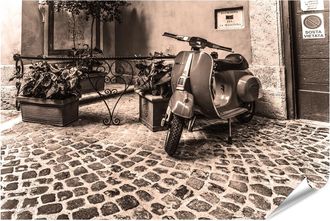 Islandburner Poster Vespa Auf Kopfsteinpflaster Vor Antiker Mauer In Historischem Stadtbil - Poster 130x90cm