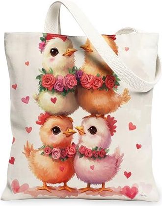Generic Sac fourre-tout en toile motif poules pour faire du shopping 33 x 38,1 cm, sac &agrave; bandouli&egrave;re amusant et r&eacute;utilisable pour femme, peinture danimaux, d&eacute;