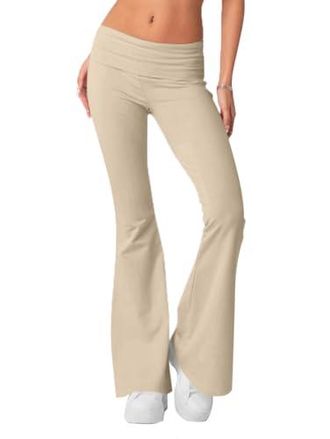 Minetom Pantalon Patte d&Eacute;l&eacute;phant Femme Casual &Eacute;vas&eacute; Bootcut Pilates Fitness Yoga Pants Stretch Elastique Confort Flare Leggings A Beige S