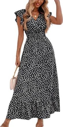 ORANDESIGNE Femme Dété Robe Longue à Pois Wrap Col en V Manches Courtes Ceinture à Volants Ourlet A-Line Boho Maxi Robes H Noir L