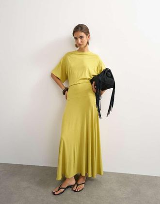 Topshop robe longue en jersey m&eacute;lang&eacute; viscose &agrave; taille basse en vert citron-Jaune