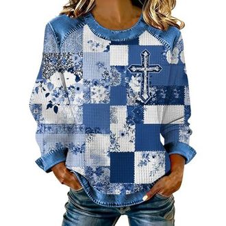 Generic Sweats chr&eacute;tiens pour femme tendance religieuse foi J&eacute;sus croix graphique tops gaufr&eacute;s denim patchwork pulls surdimensionn&eacute;s l&eacute;gers blocs de couleurs 