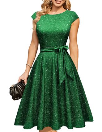 Dresstells Cocktailkleider f&uuml;r Damen Hochzeitsg&auml;ste 2025 Sparkly Holiday Prom Party Kleid, Pailletten Aline Modest Mother of Bride Midi Kleid Glitter Green XL