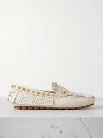 Valentino Garavani Plaster Caster Driver Loafers Aus Strukturiertem Mit Fransen Und Nieten - Elfenbein