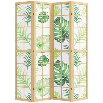 HOMCOM Paravent 4-teilig 160 x 170 cm Raumteiler Faltbar Sichtschutz aus Kiefernholz Freistehend Trennwand mit Palmenblatt-Design Raumtrenner f&uuml;r Wohnzimmer,
