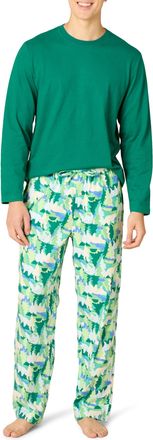 Amazon Essentials Herren Flanellhose und langärmeliges T-Shirt als Pyjama-Set, Elfenbein Feiertags-bären-Tarnmuster/Smaragdgrün, XS
