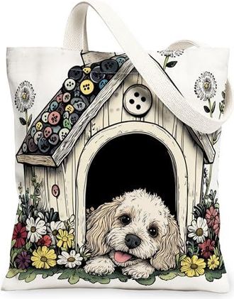 Generic Sac fourre-tout en toile motif chien cavachon printanier 33 x 38,1 cm, niche amusante &agrave; motif imprim&eacute; floral pour chiot, sac d&eacute;picerie r&eacute;utilisable po
