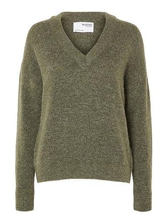 Selected Slfmaline Ls Knit Col en V Noos Pull en Tricot, Dusky Green, XS