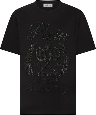 Philipp Plein Homme, Tops, Noir, Taille: 2XL T-Shirt Col Rond Tennis Society