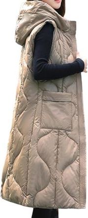 Onsoyours Doudoune Sans Manches Femme Longue à Capuche Gilet Matelassé Veste Hiver Chaud Manteau Casual Zippée A Kaki XXL