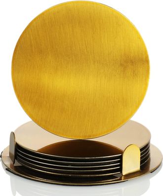 Com-Four 7-teiliges Untersetzer-Set mit Halterung - Edelstahl Untersetzer für Getränke - runde Stahluntersetzer - goldfarben (007-teilig - goldfarben)