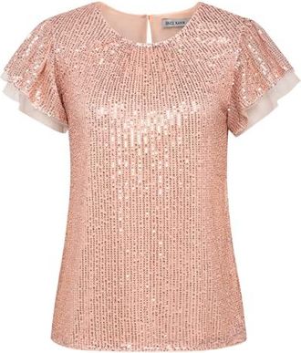 Grace Karin Chemisier Femme Manches Courtes Chemisier À Paillettes Chemise À Paillettes De Fête Élégant CL2846 Or Rose M